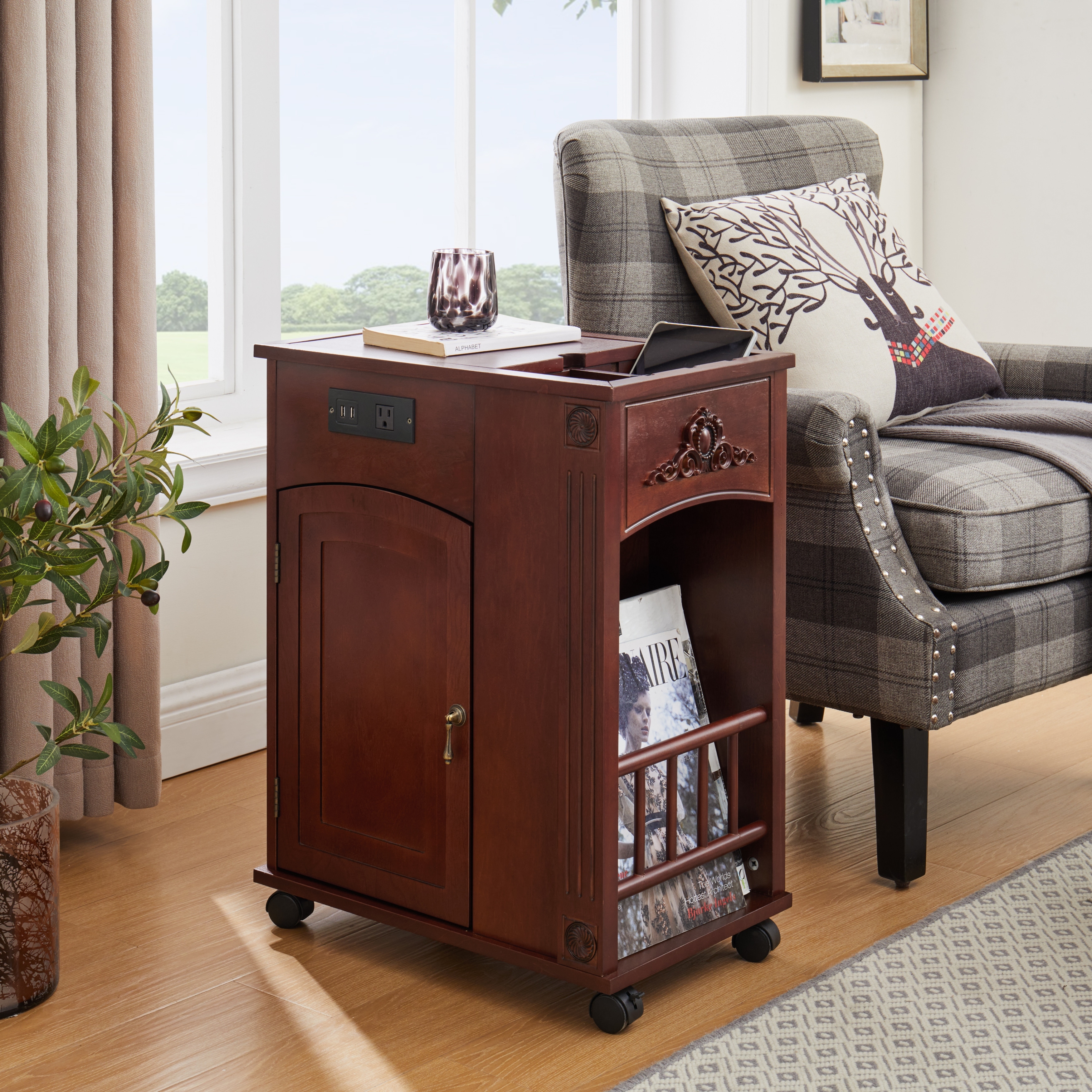 Narrow end table with charging station store