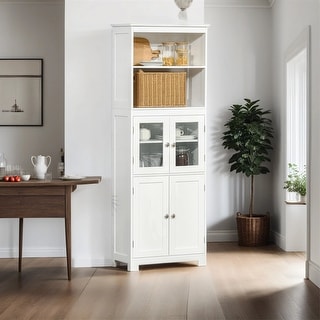 63" Small Buffet with Hutch, 4-Door Kitchen Pantry w/ Adjustable Shelf ...