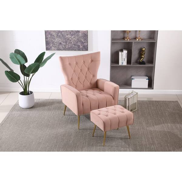 Livingroom Accent Chair & Ottoman Sets Comfy Pink Velvet Armchair ...