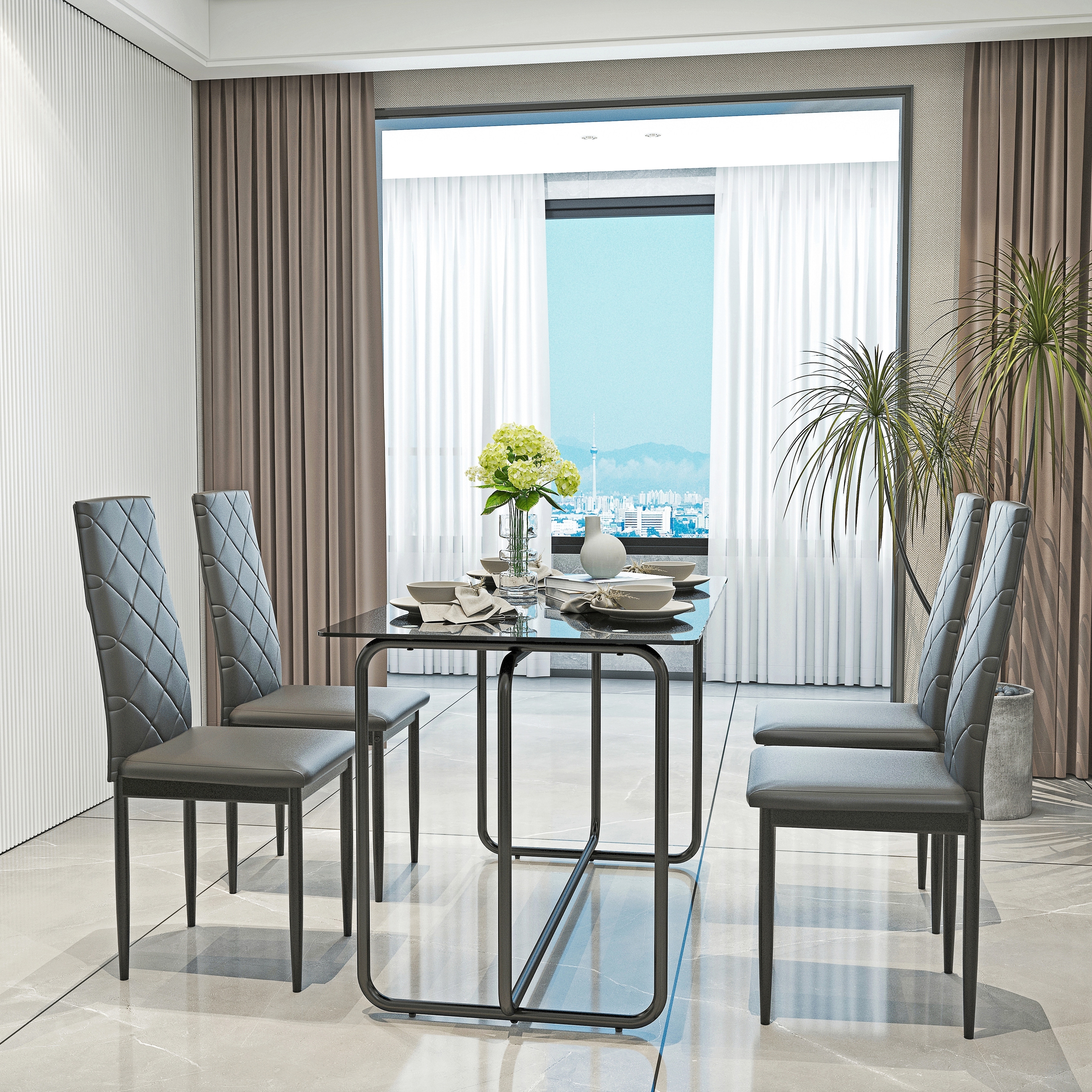 5 piece Rectangle Dining Table Set with Metal Frame Tempered Glass Dining Table for Kitchen Room Black Bed Bath Beyond 39934901