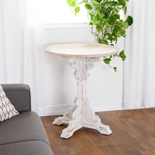 Wood Distressed Carved Scroll Accent Table with Brown Wood Top - Cream ...