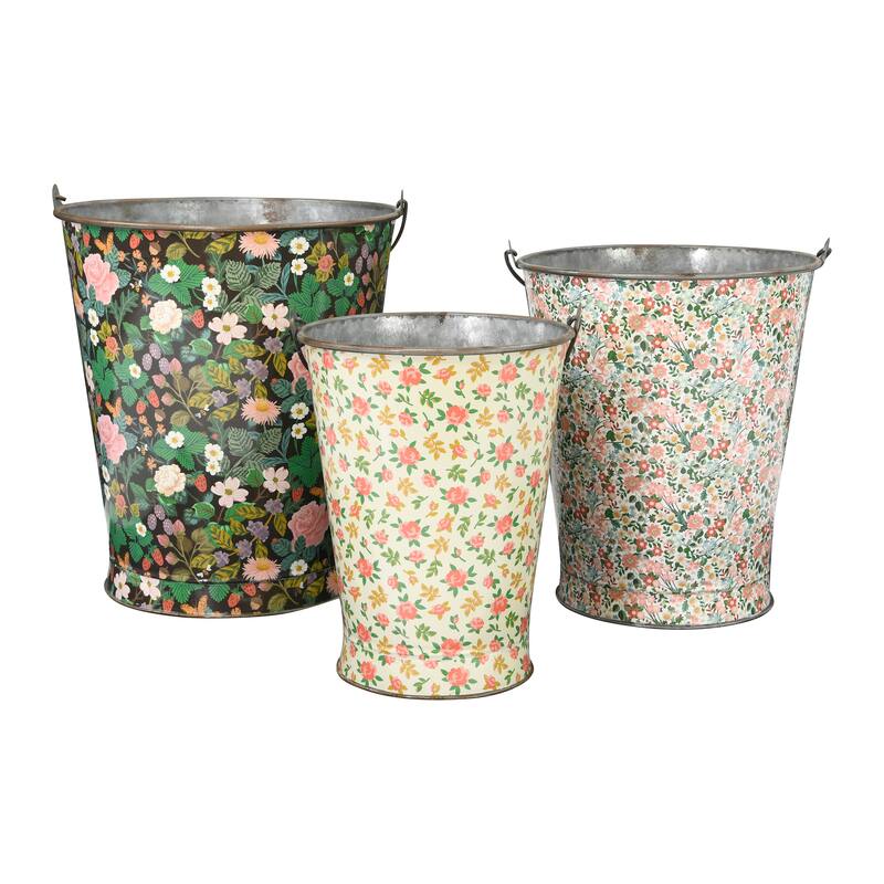 Large Decorative Metal Buckets with Varied Floral Patterns & Handles ...