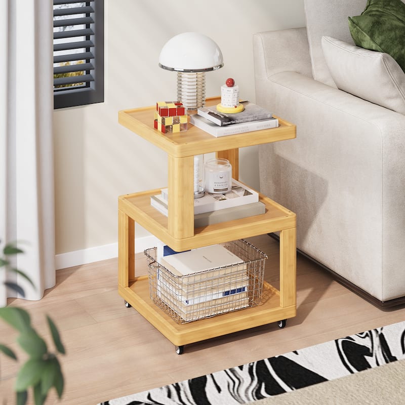 3-Tier Wooden Side Table with Casters, Mobile End Table, Storage ...