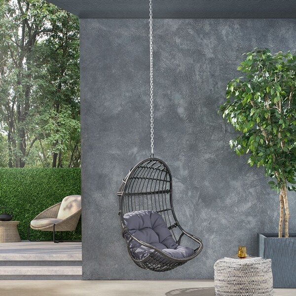 Roomfitters Hanging Rattan Egg Chair with Cushion Suspended Wicker Seat with Metal Chain Durable and Stylish Design Gray Grey
