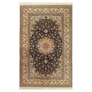 Canvello Nain Silk Navy Blue And Gold Rug - 4'3'' X 6'8'' - Navy Blue ...