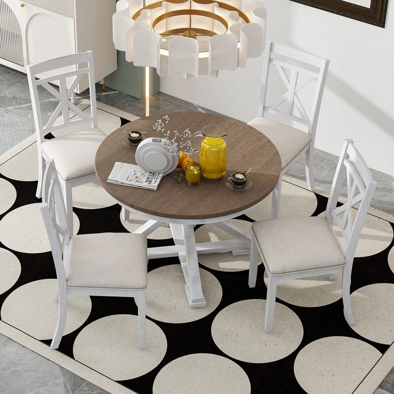 JOLIWING Vintage Retro 5 Piece Dining Table Set Extendable Round Table with 4 Upholstered Chairs for Dining Room Brown Antique White