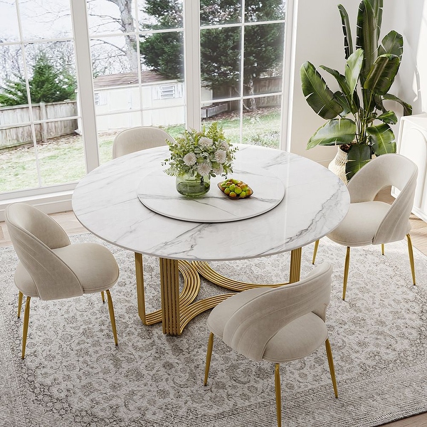 59.06 Modern Luxury Dining Table for 6 With Lazy Susan White Glossy Sintered Stone Golden Stainless Steel Base 59.06 On Sale Bed Bath Beyond 40418171