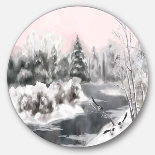 Designart 'Grey Winter Vector' Landscape Watercolor Large Disc Metal ...