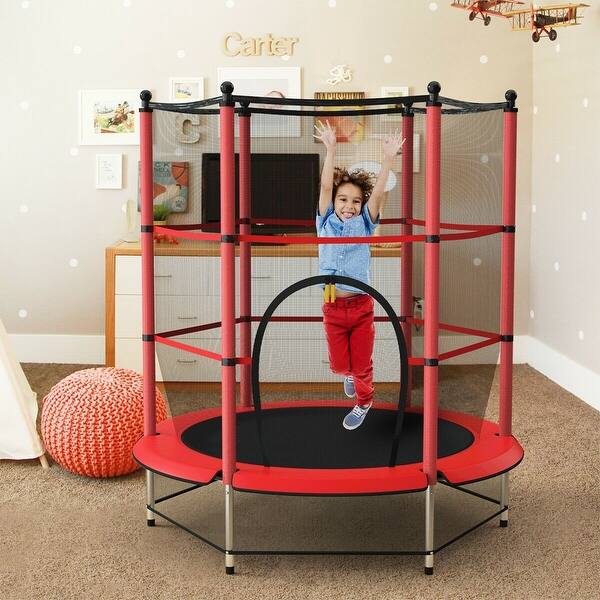 55" Youth Jumping Round Trampoline with Safety Pad Enclosure-Red - 55 ...