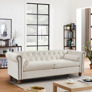 Classic Tufted Chesterfield Settee Sofa White Velvet 3 Seat Sofa with ...