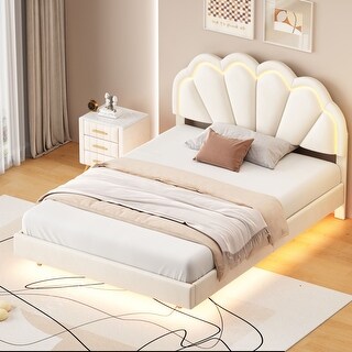 Queen Upholstered Smart LED Bed Frame with Elegant Flowers Headboard ...