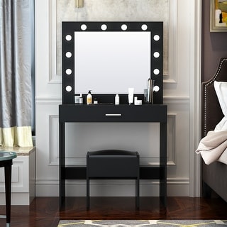 Black Dressing Table with 12 LED Light BulbTable Set and Drawer Bedroom ...