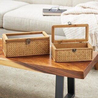 Brown Rattan Handmade Woven Rattan Decorative Box with Glass Tops and ...