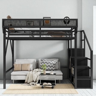Queen Size Loft Bed with Stairs, Storage Shelves, Wardrobe and Under ...