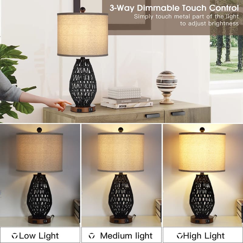 Cinkeda Table Lamp Black Rattan 3-Way Touch Dimmer USB Port(Set of 2 ...