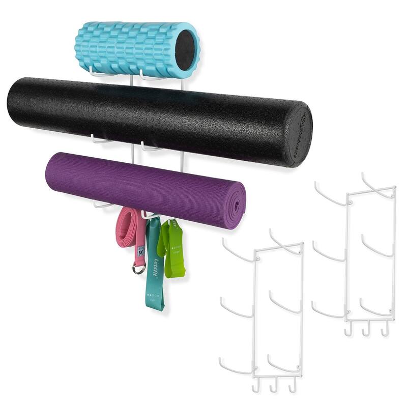 Wall Mount Yoga Mat Holder and Foam Roller Rack with 3 Hooks (Set of 3 ...