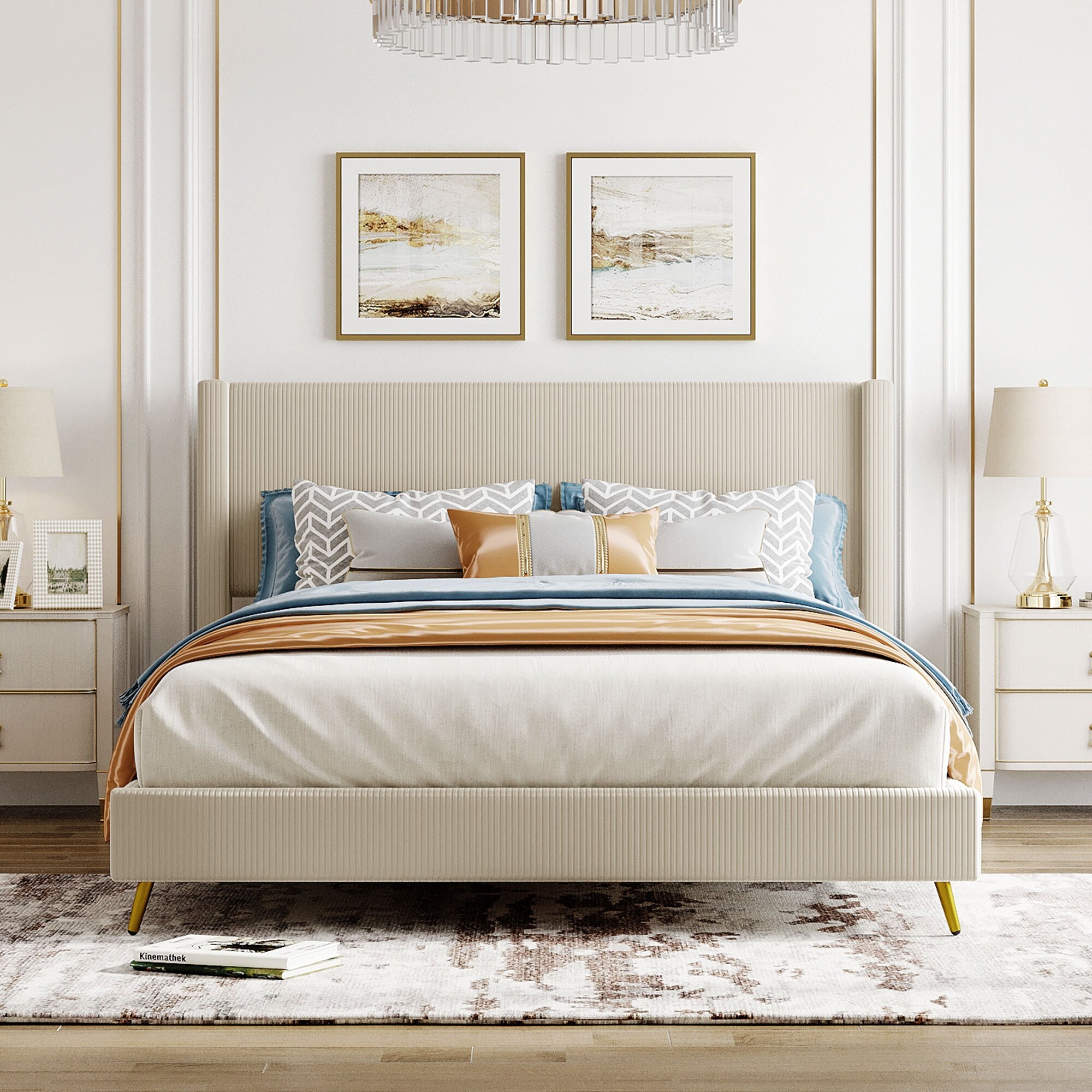 Queen Platform Bed with Corduroy Upholstered Headboard Metal Legs Beige