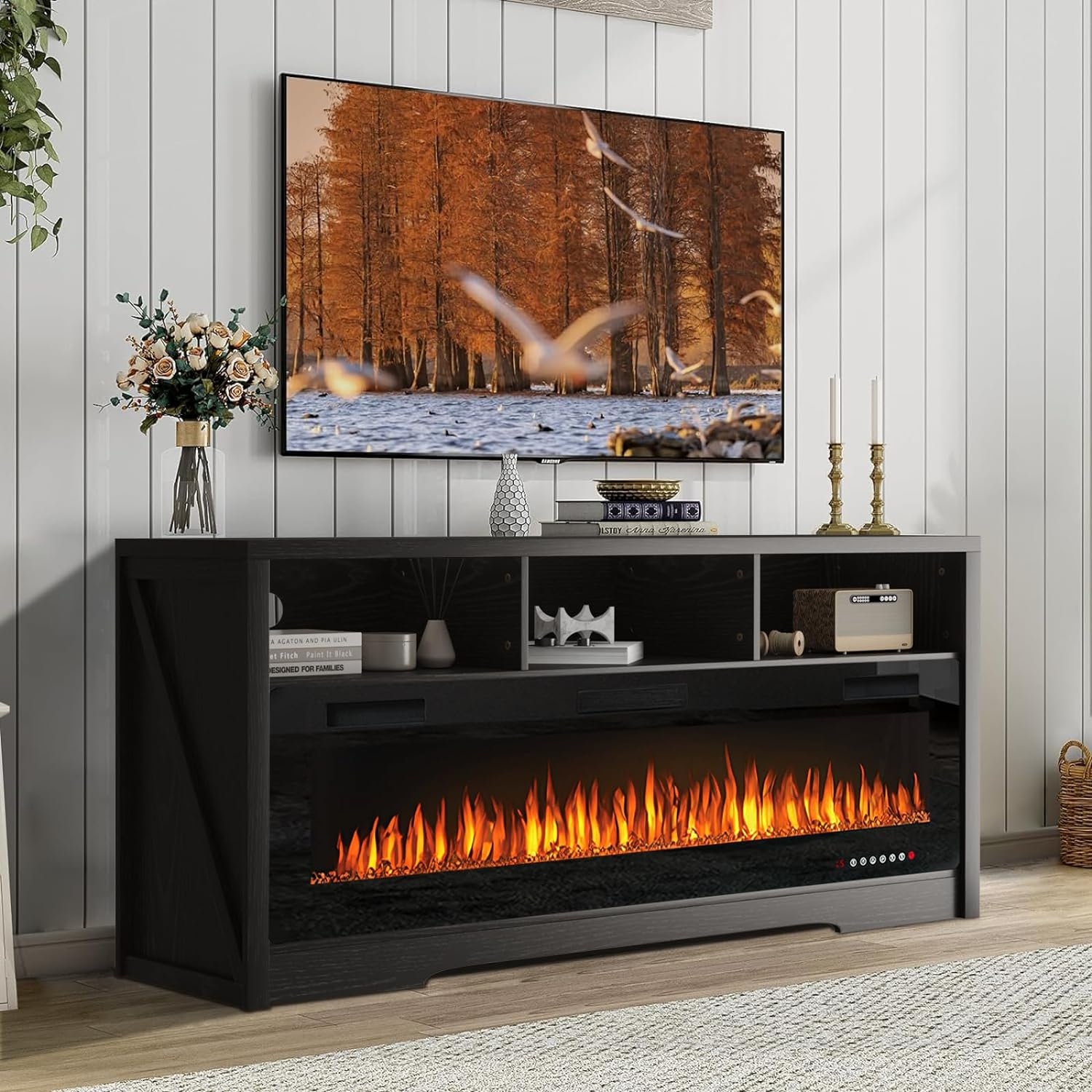BOSSIN Fireplace 65 TV Stand for TVs Up to 75 TV with 60 Electric Fireplace Entertainment Center with Open Shelve Storage