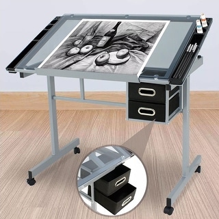 Drawing Desk Station Tempered Glass Adjustable Drafting Table 4 Wheels ...