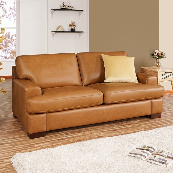 Marisa Genuine Mid-Century Leather Sofa with Wooden Base, Modern Design ...