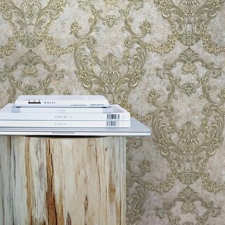 Wallpaper taupe gold metallic textured plaster effect Victorian Damask ...