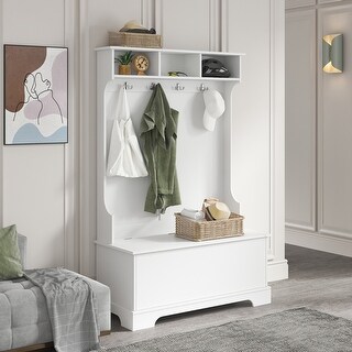 White Wooden Storage Bench, Entryway Bench With 4 Hooks And Hinged Lid ...