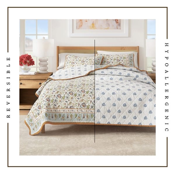 Linery & Co. Cotton Stitched Reversible Boho Floral 3 Piece Quilt and ...