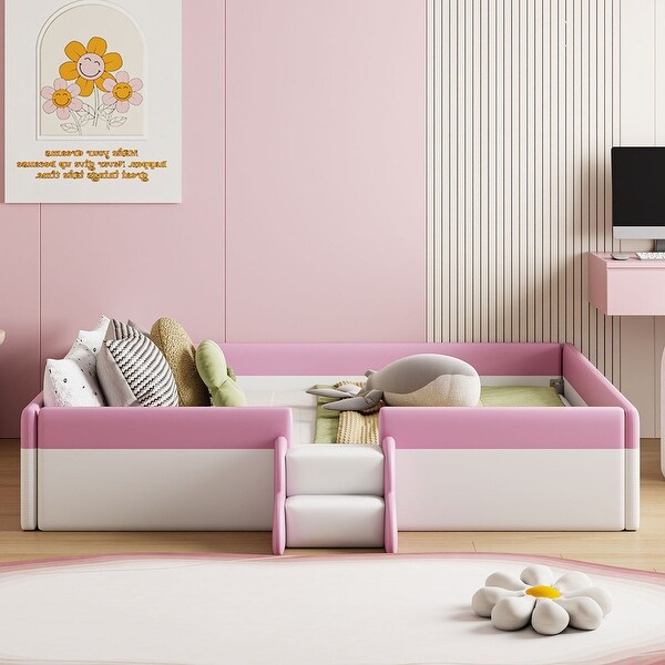 Twin Full Queen King Size Upholstered Kids Floor Bed Frame with Guardrail and Little Stairs Soft PU Platform Bed