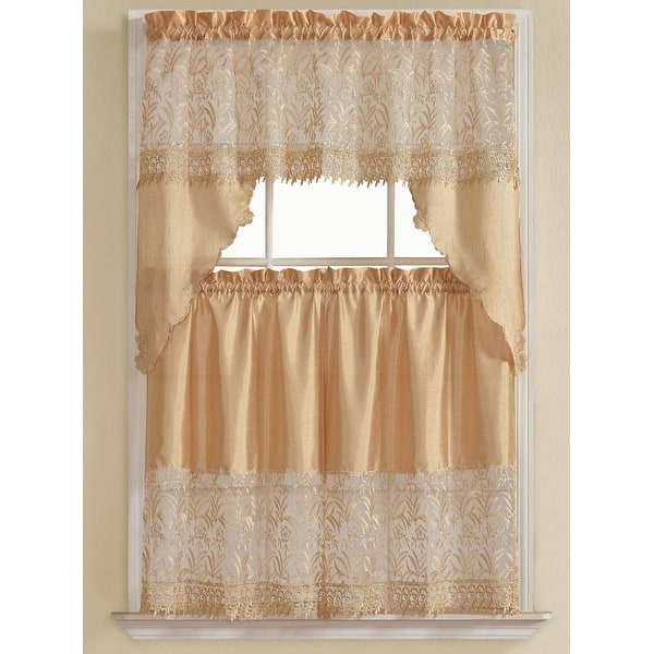 Orite 3-Piece Gold Embroidered Kitchen Curtain Set, Gold, Tiers 30x36 ...