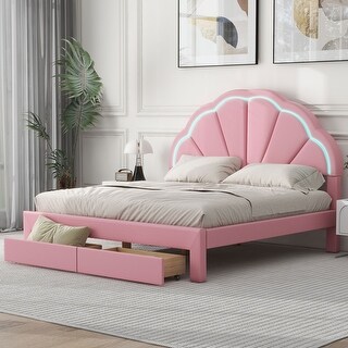 Pink Queen Size Upholstered Platform Bed with Seashell Headboard, LED ...