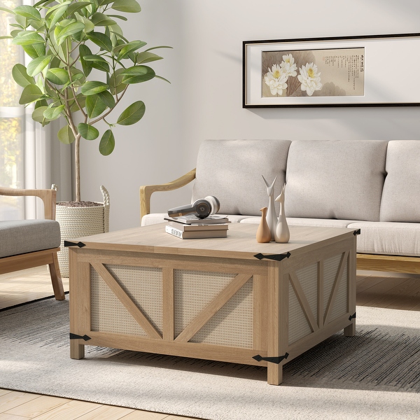 35.6 Farmhouse Lift Top Coffee Table with Rattan Yellow