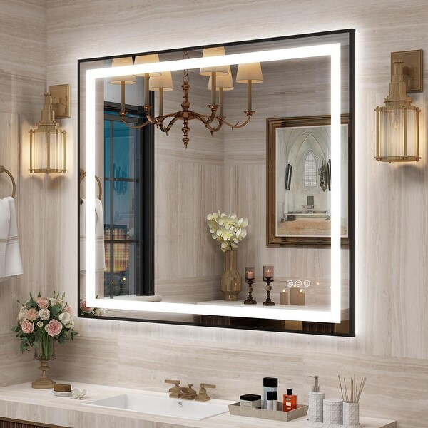 Apmir Metal Black Framed LED Lighted Anti Fog Bathroom Vanity Mirror Wall Mounted in Tempered Glass On Sale Bed Bath Beyond 39984071