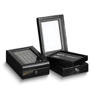 Curata Crocodile Textured Black Leather Glass Lid Velour Lined 11-Pen ...