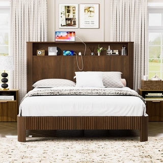 Wavy Curved Lines Design Storage Headboard Bed Built-in Charging ...