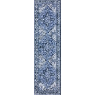 2' X 8' Blue Oriental Distressed Non Skid Runner Rug - 3'6" Round - Bed ...