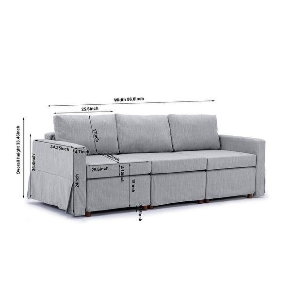 Living Room Module Sectional Sofa Set and L-Shape Linen Fabric 3-seat Couch with Ottoman Square ...
