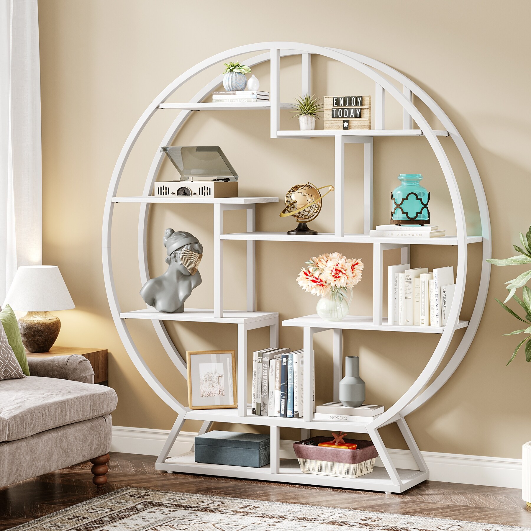 Round Bookshelves Etagere Bookcase 63 Inch Industrial Wood Book Shelf with Staggered Shelves
