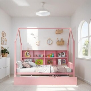 Full Size House Bed with Trundle, Wooden Bed with Support Legs, Canopy ...