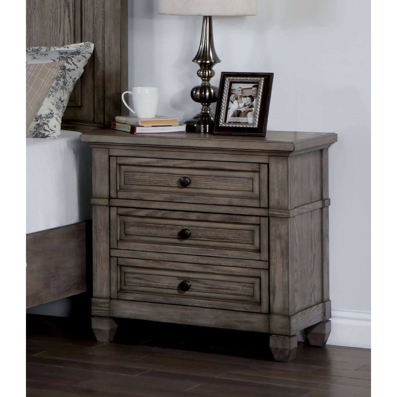 Wire-brushed Finish 1pc Nightstand Warm Gray Color Solid Wood 3-Drawers ...