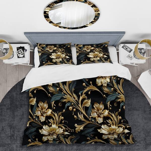 Designart "Gold Royal Flower Gardens Serenity" Gold Damask Bed Cover ...