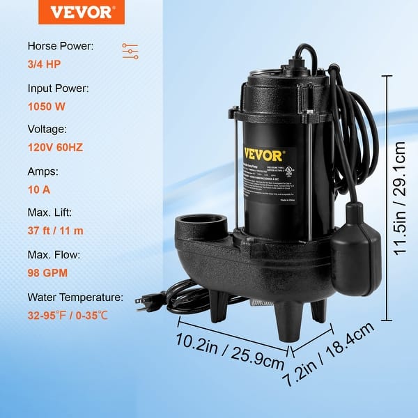 VEVOR Sewage Pump Submersible Ejector with 2Discharge 10 ft Piggy-back ...