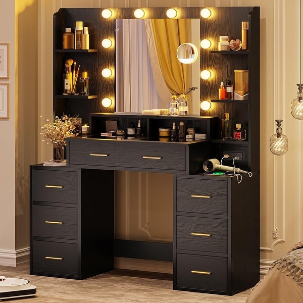 HAUOMS Makeup Vanity Table with 10x Magnifying Mirror Vanity Desk Glass Top Black