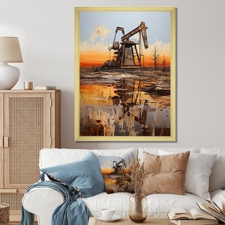 Designart "Gold Oil Rigs Fields In Texas III" Oil Rigs / Fields Framed ...
