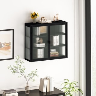 Bathroom Glass Doors Wall Cabinet with 3-tier Storage for Kitchen Matte ...