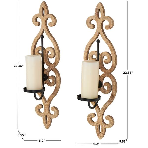 Light Brown Wooden Distressed Washed Scroll Wall Sconce with Black ...