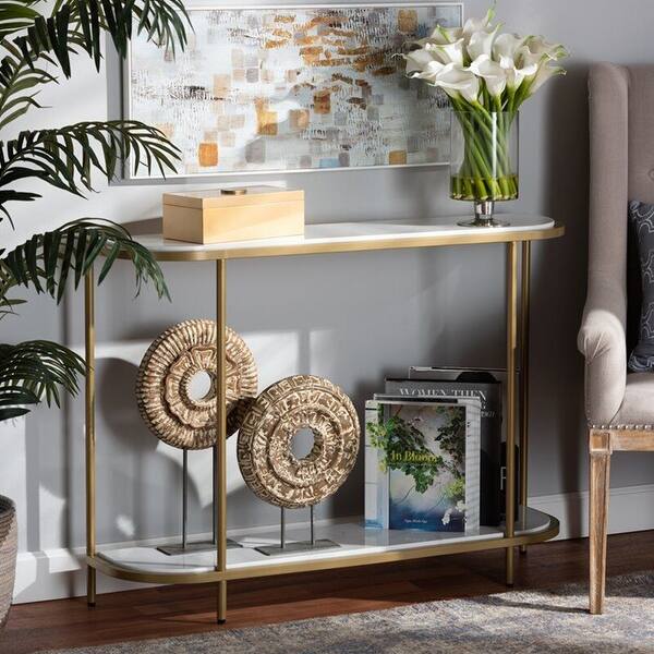 Modern Gold Metal Console Table with Faux Marble Tabletop - 54 x 84 ...