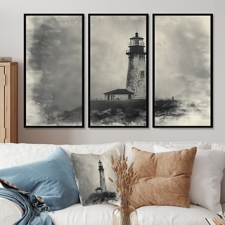 Designart - Vintage Monochrome Black Lighthouse White Winter Fog Cliff ...