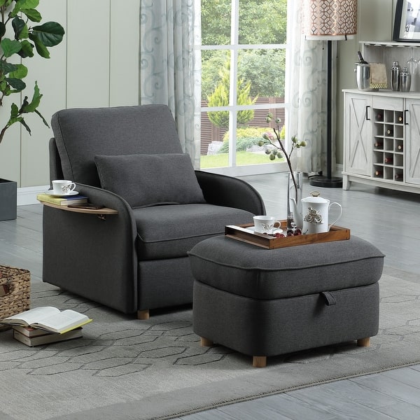 Huckleberry Linen Arm Chair with Storage Ottoman and Folding Side Table ...