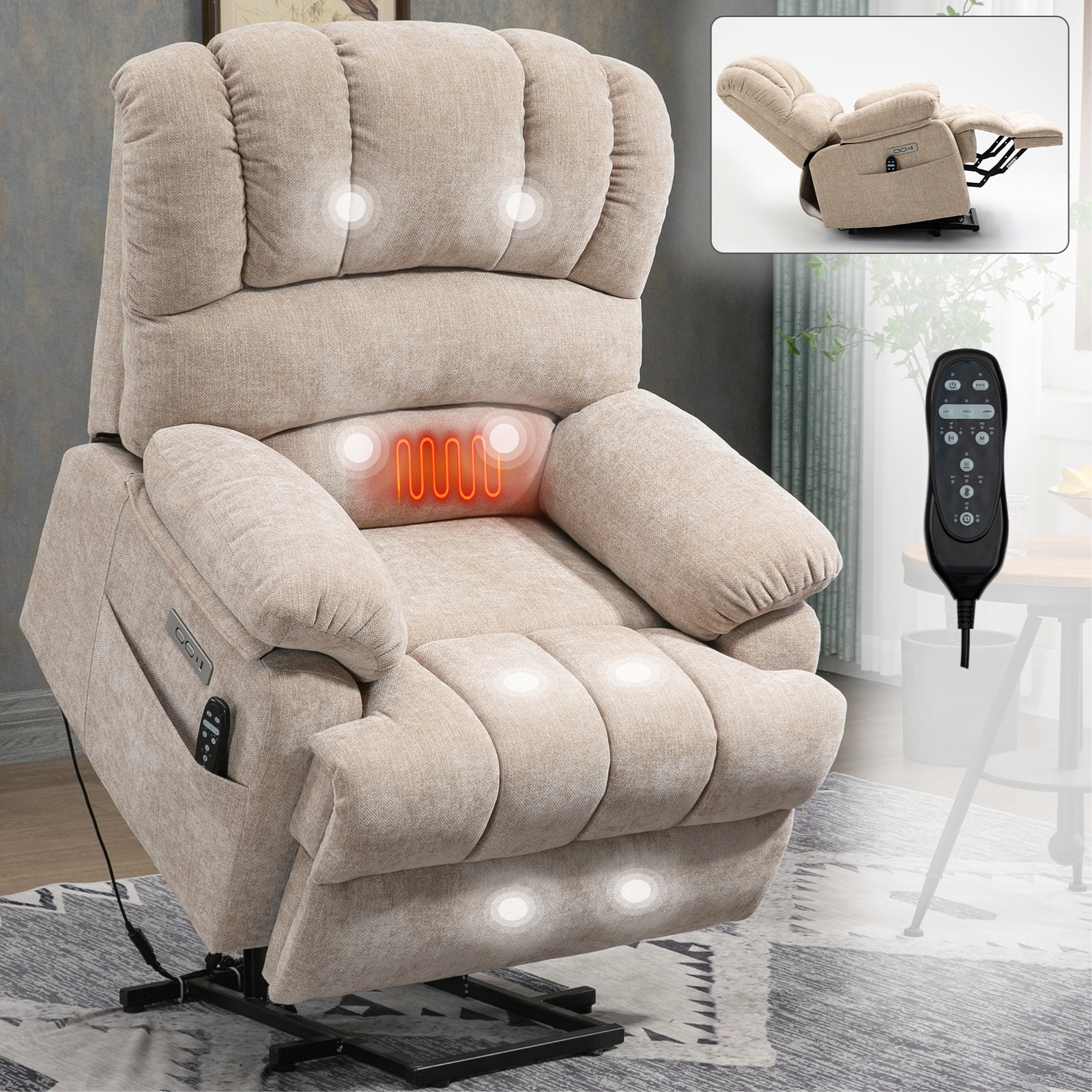 Electric Motor Chenille Power Lift Recliner Chair w/8-Point Vibration ...