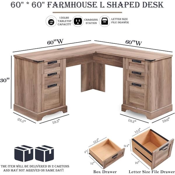 60" Farmhouse L Shaped Executive Desk, Wood Corner Desk, Computer Desk ...